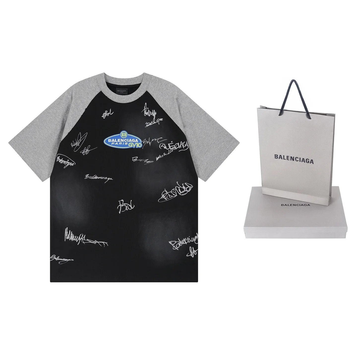 Balenciaga Black Raglan Sleeve Signature Print Embroidered T-Shirt ...